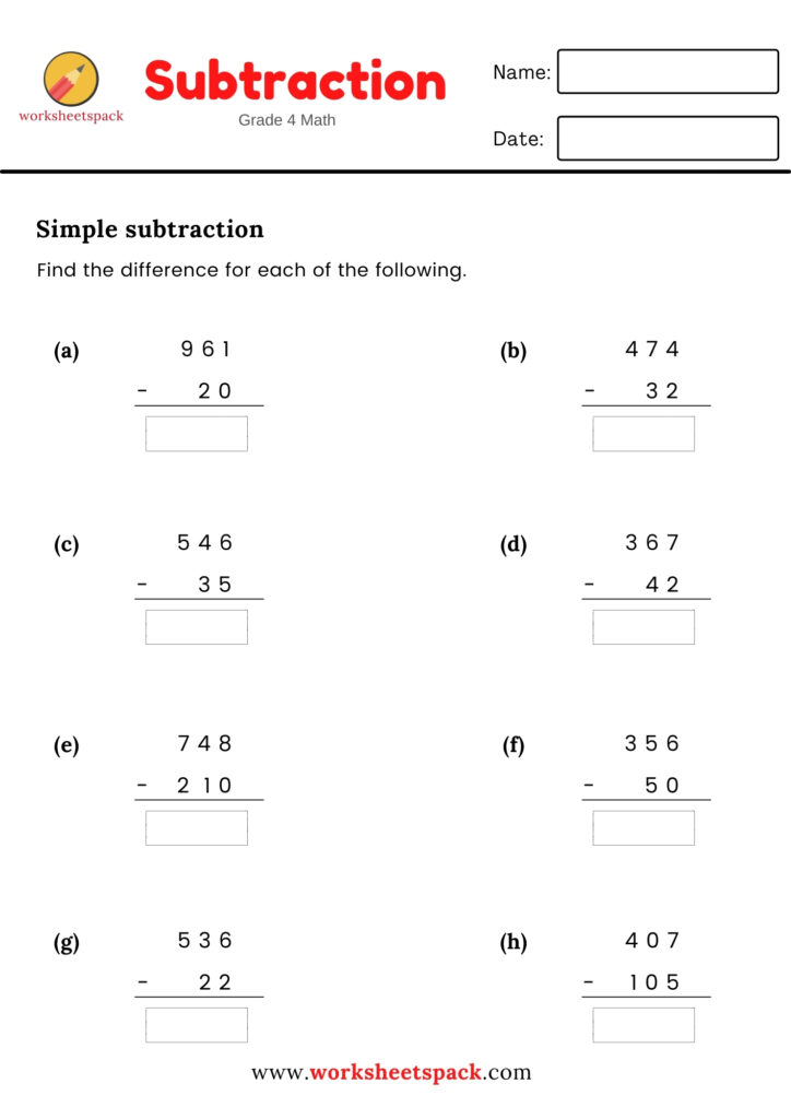 SIMPLE SUBTRACTION FOR GRADE 4 Worksheetspack SIMPLE SUBTRACTION FOR GRADE 4 Worksheetspack