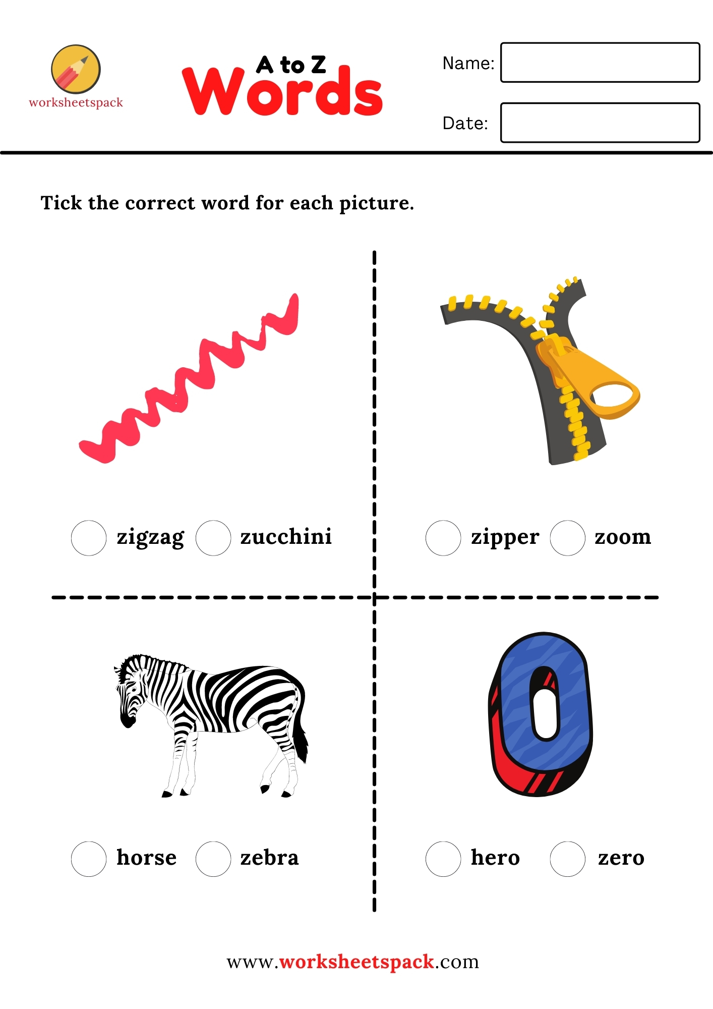 Tick the correct word (A to Z) - worksheetspack