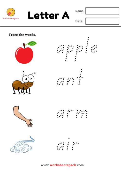 Tracing words for kids (A to Z) - worksheetspack