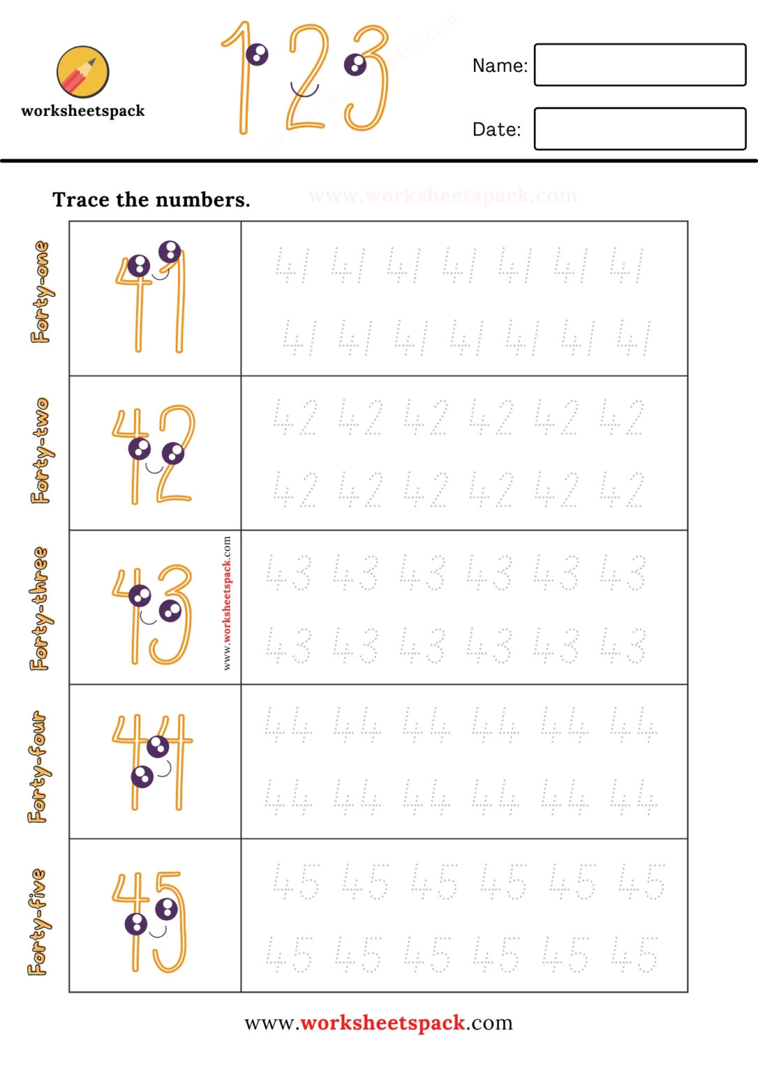 Number tracing worksheets 1-50 - worksheetspack