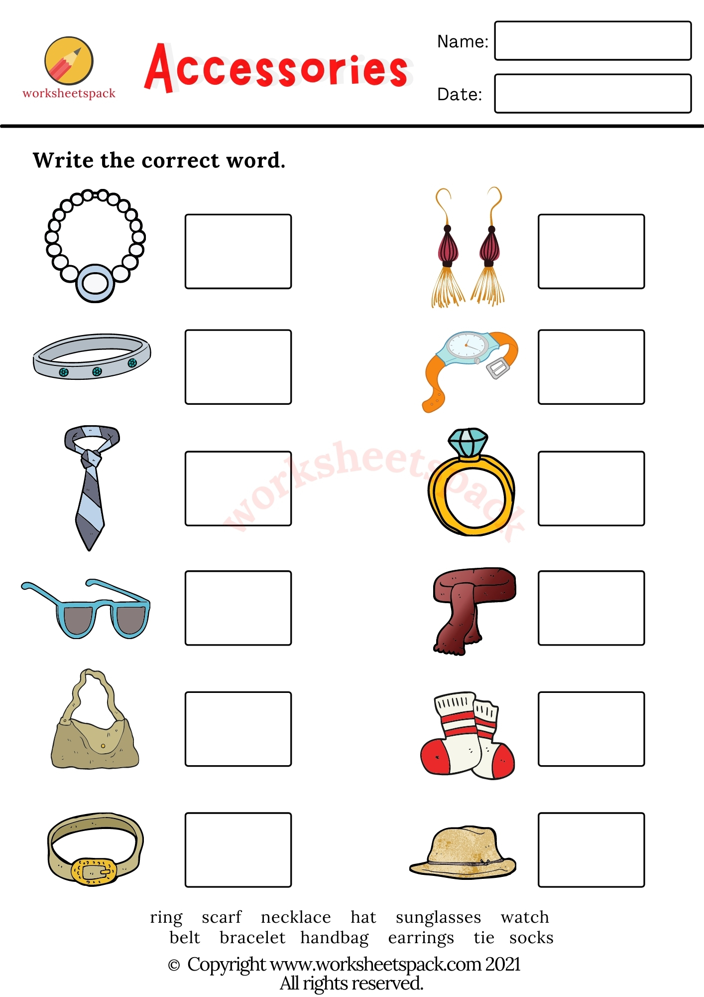 Accessories Worksheets PDF - worksheetspack