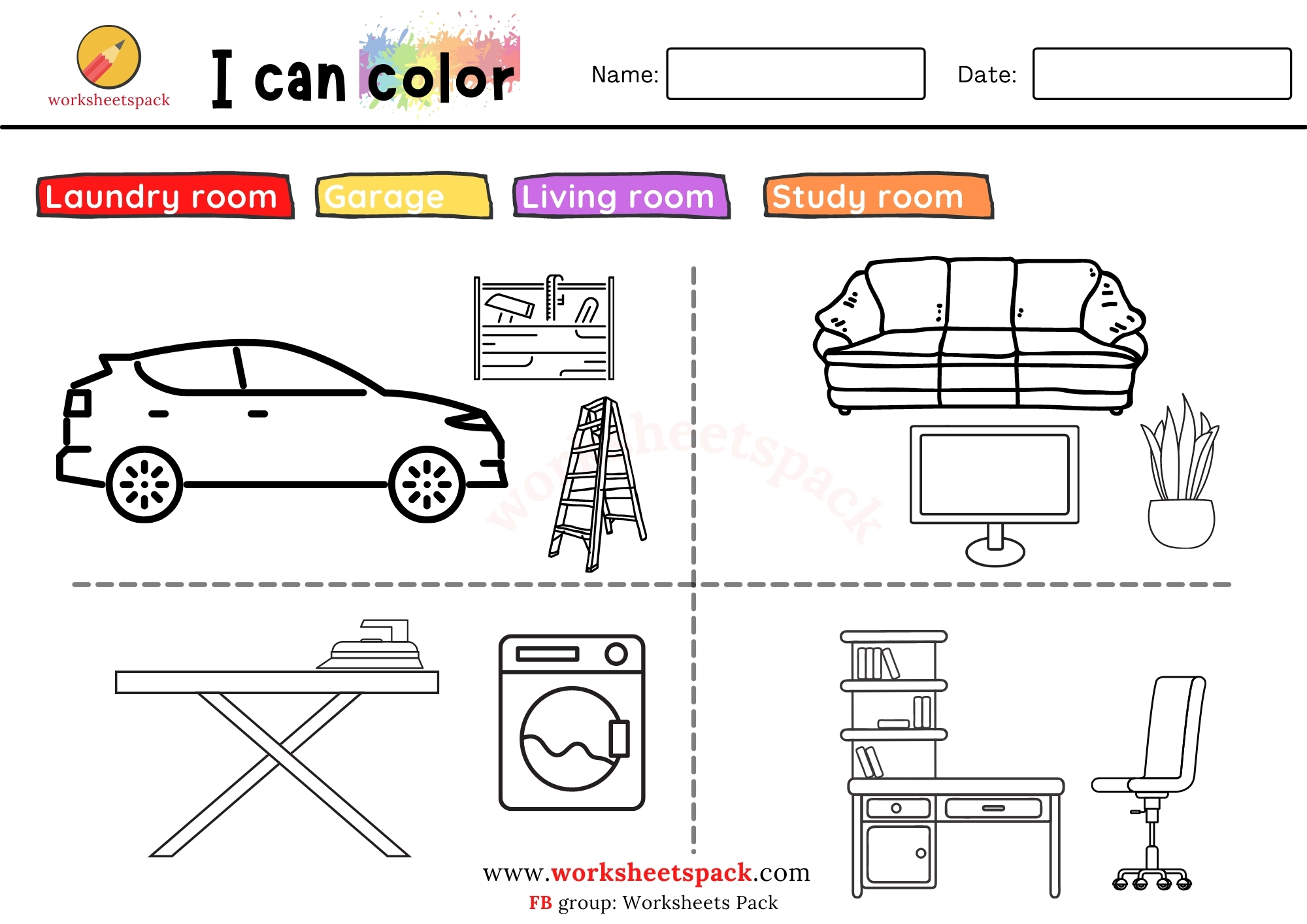 Printable rooms in a house coloring pages - worksheetspack