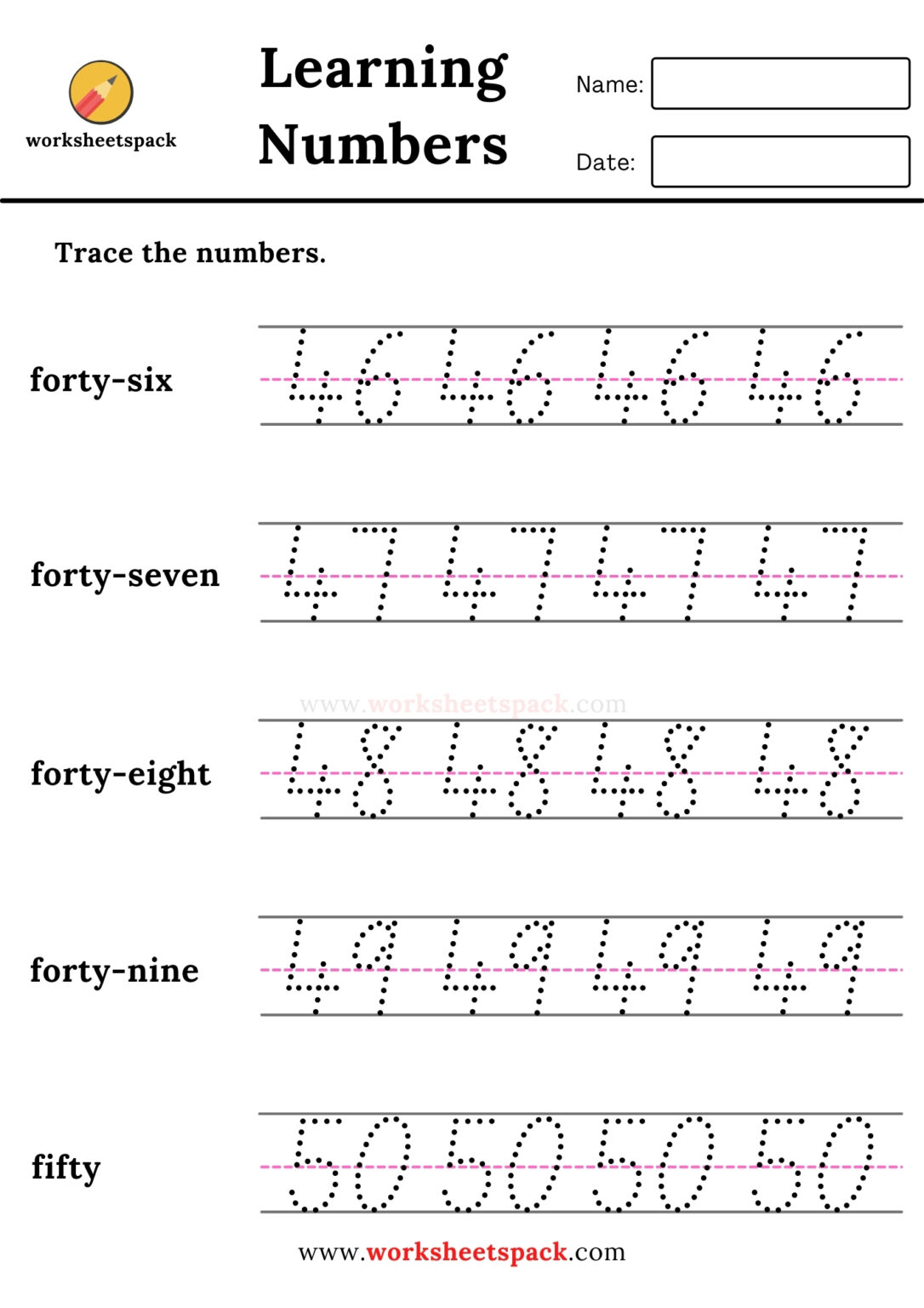 Numbers 1-50 tracing worksheets pack - worksheetspack