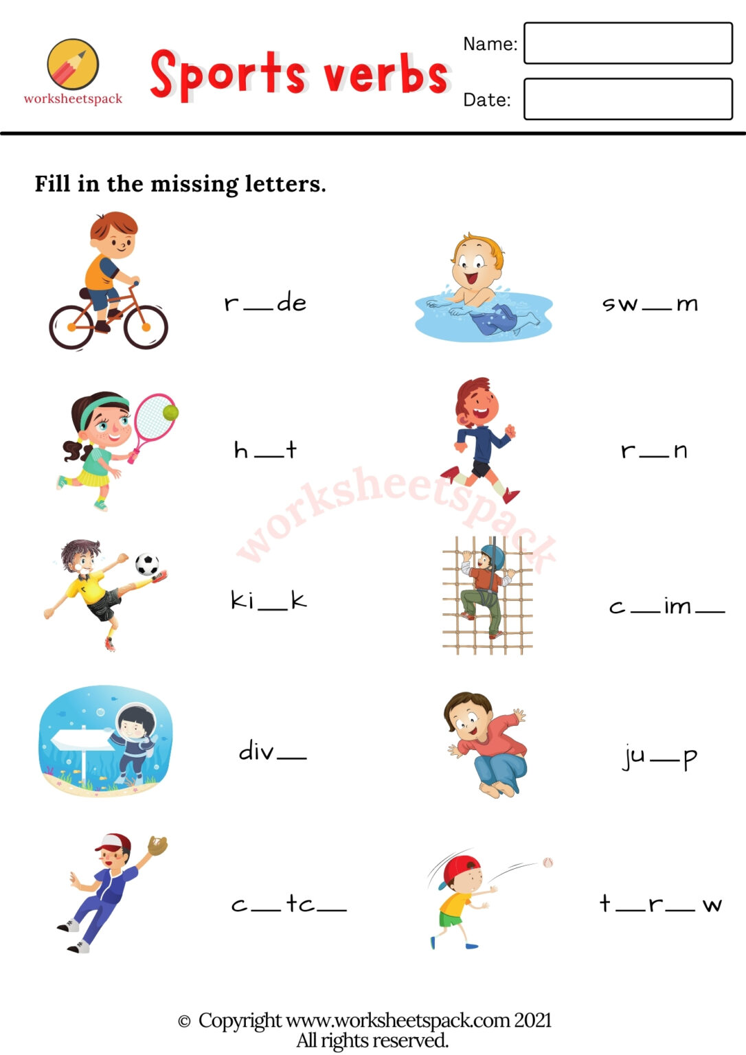 Sports verbs vocabulary worksheets - worksheetspack