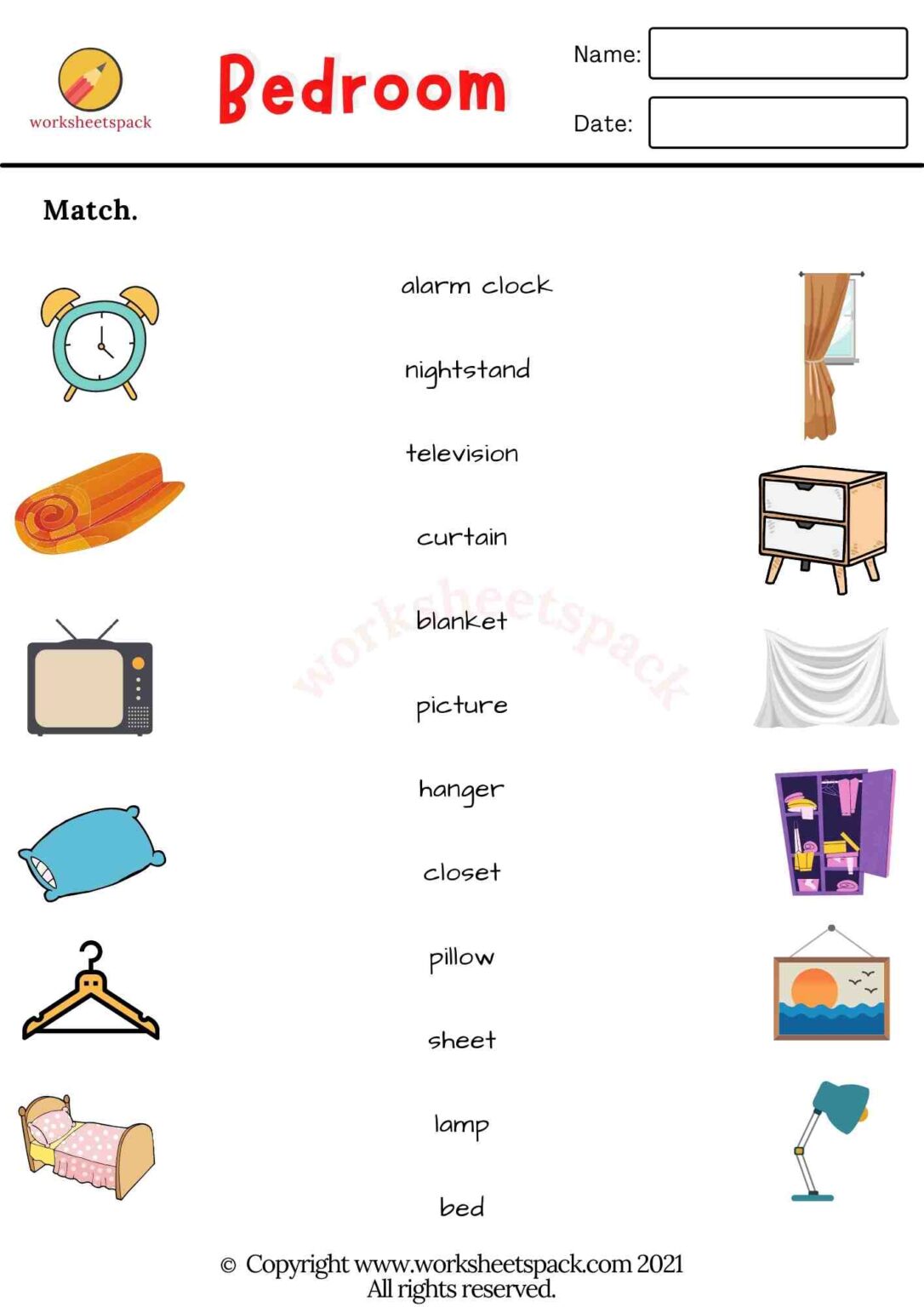 ESL bedroom vocabulary worksheets - worksheetspack