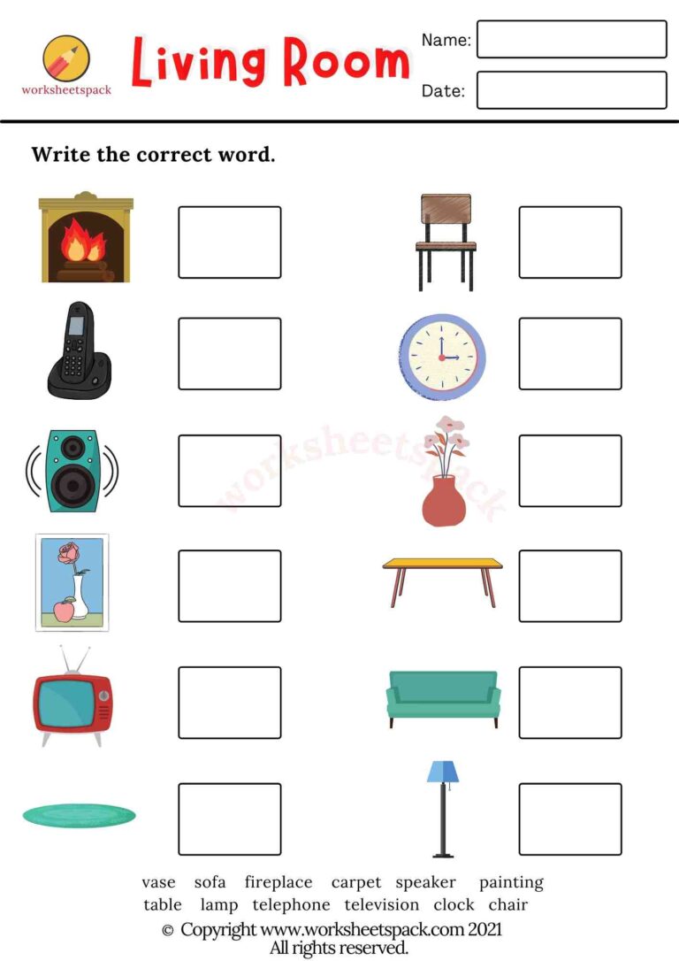 Living room worksheets PDF - worksheetspack