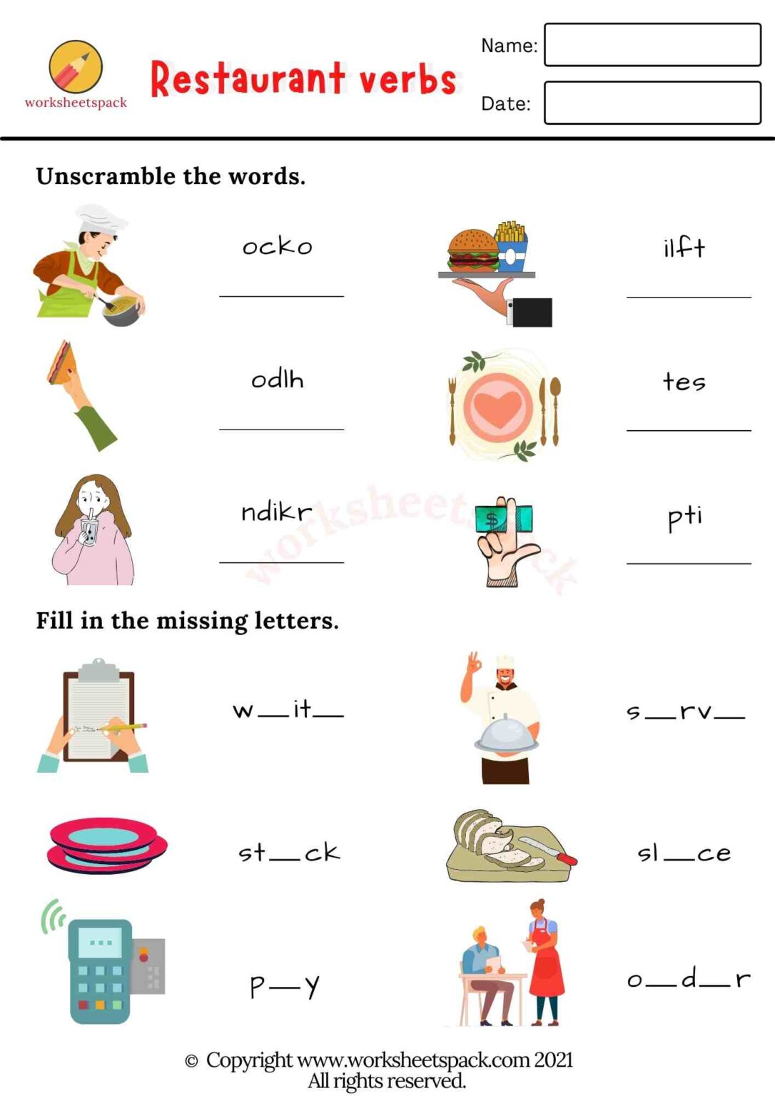 Restaurant verbs worksheets - worksheetspack