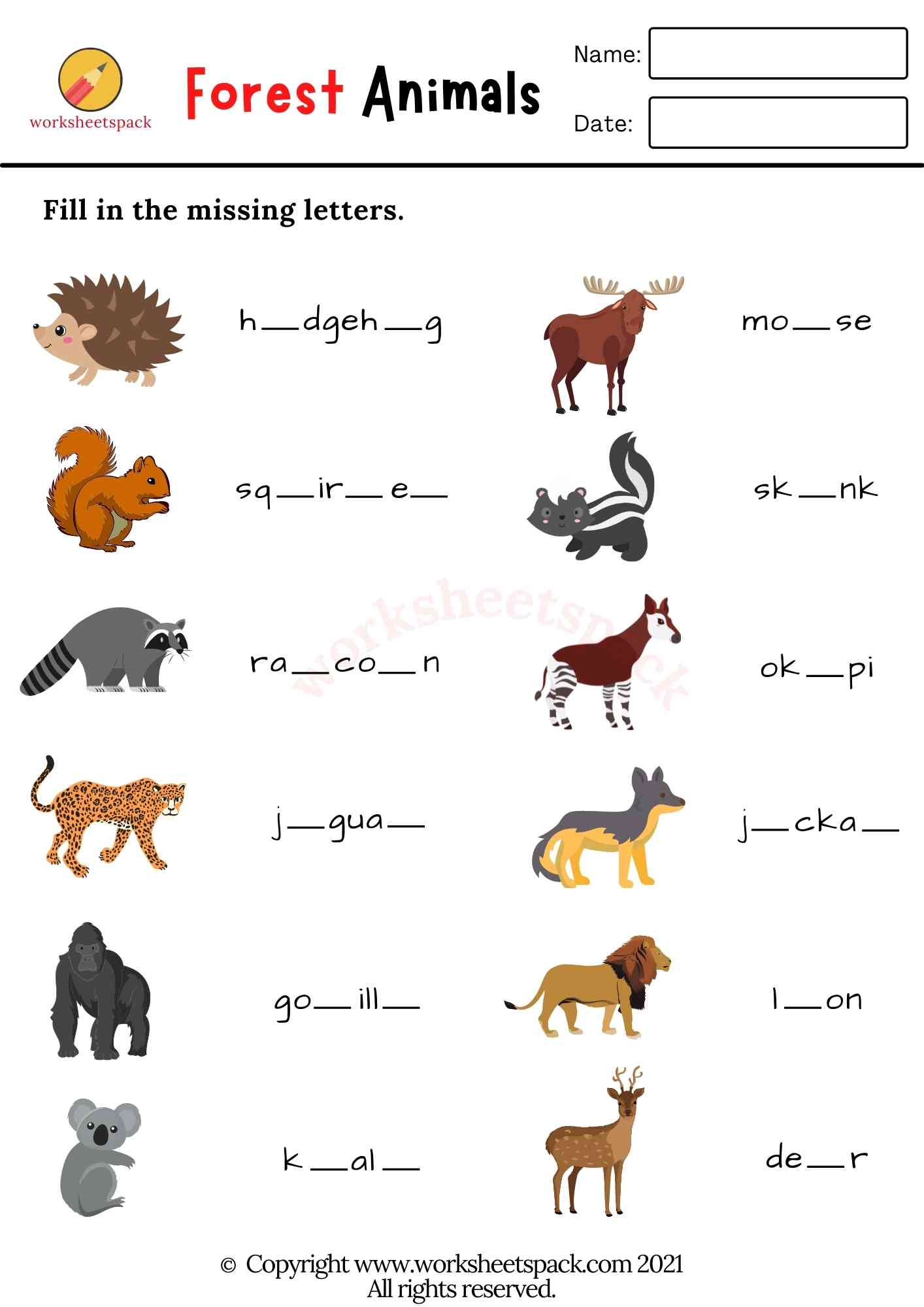 Forest Animals Worksheets PDF - worksheetspack