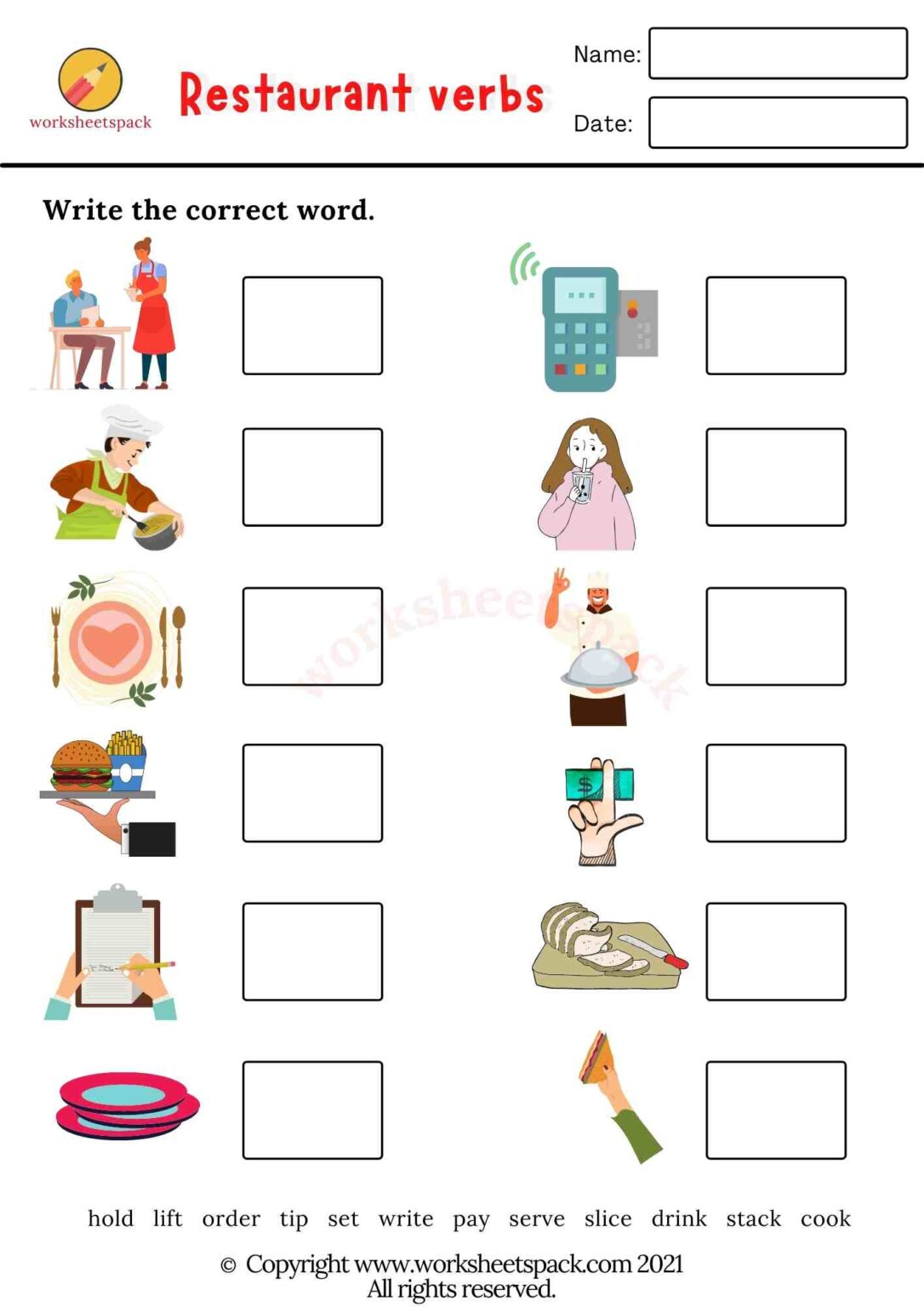 Restaurant verbs worksheets - worksheetspack