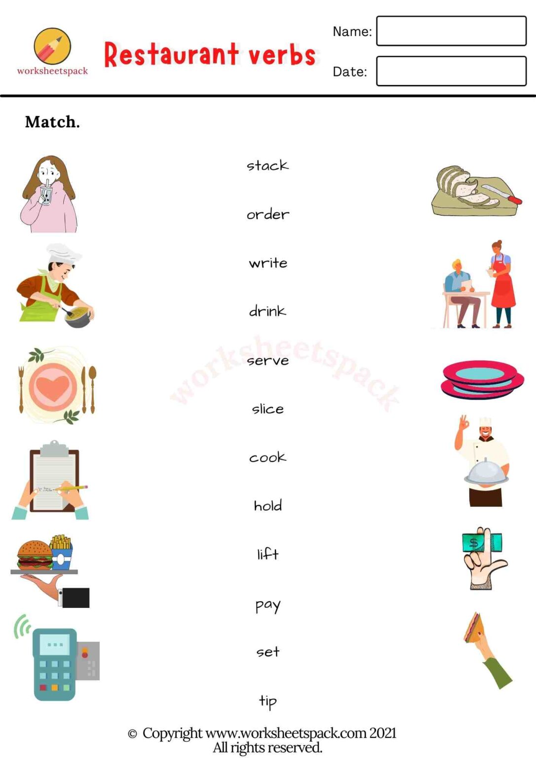 Restaurant verbs worksheets - worksheetspack