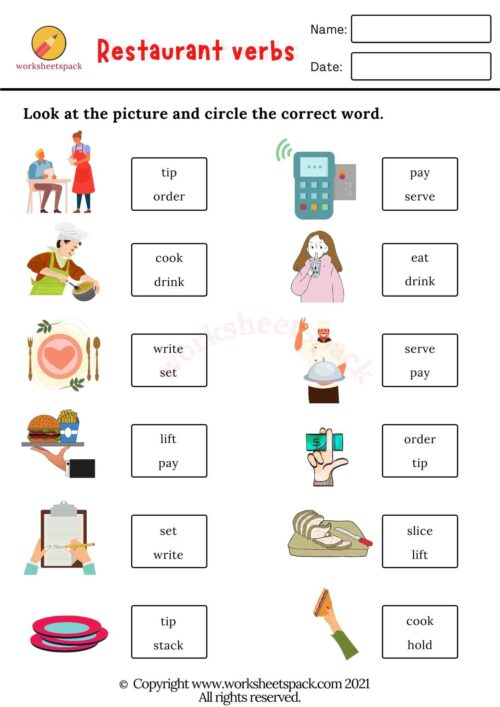 Restaurant verbs worksheets - worksheetspack