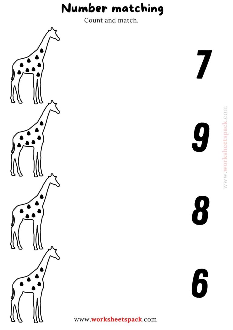 Number matching worksheets (Giraffe spots) - worksheetspack