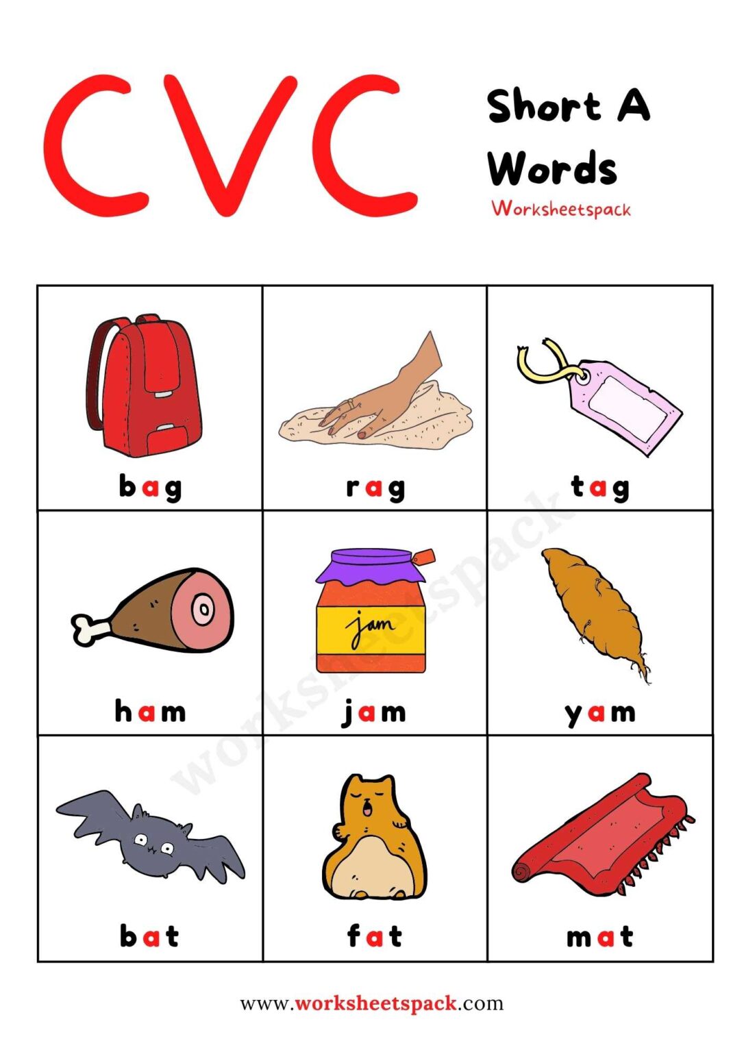Free CVC Words with Pictures PDF - worksheetspack