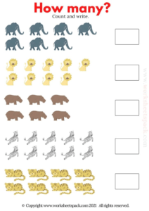 Free Count and Write the Number Worksheets | Animals - worksheetspack