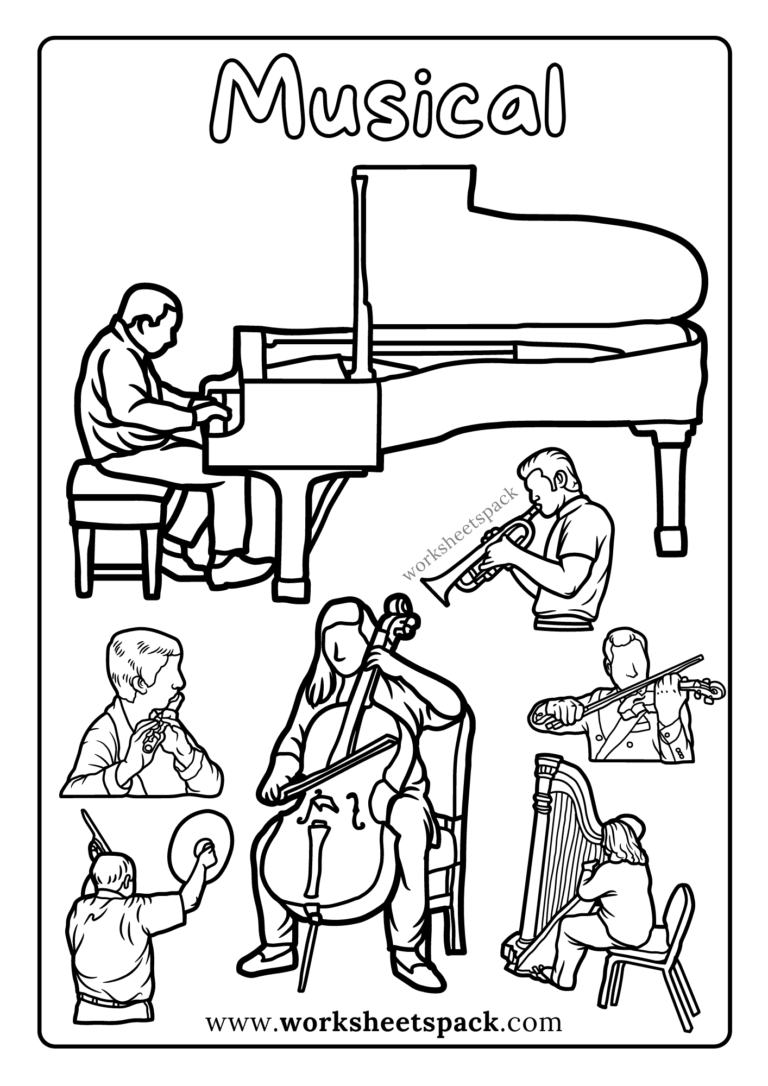 Musical Instruments Coloring Pages Free PDF - worksheetspack
