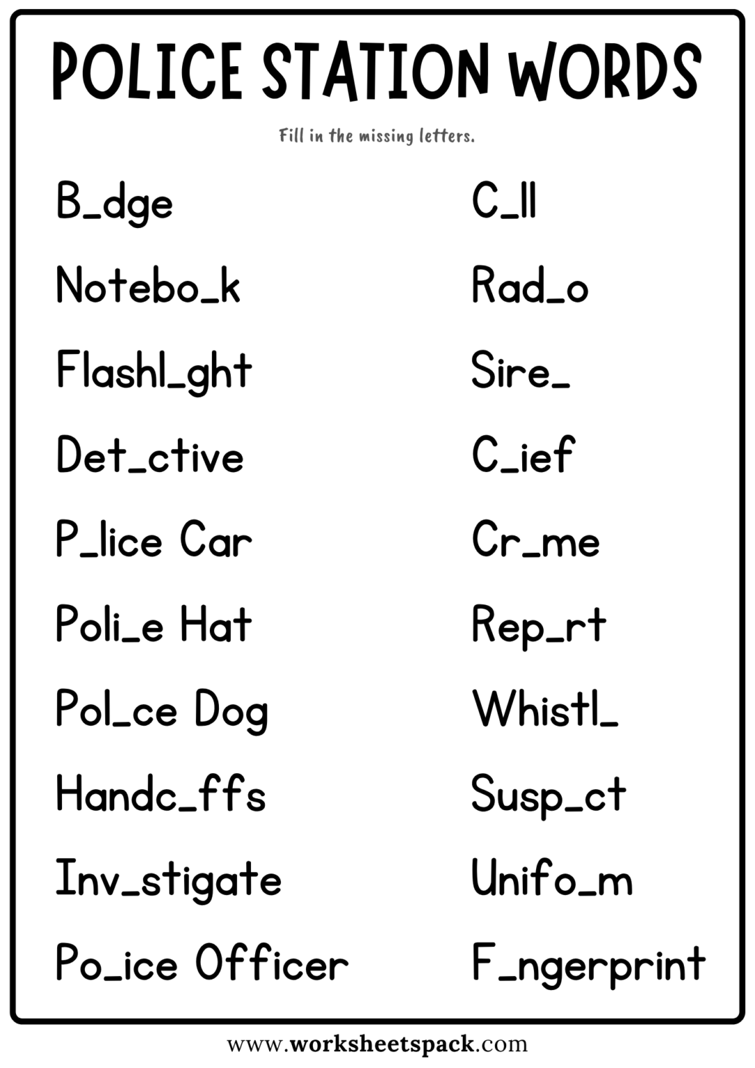 Printable Police Station Vocabulary Worksheets - worksheetspack
